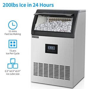 ROVSUN 200lbs/24h Commercial Ice Maker, Freestanding Ice Machine with LED Control Panel & Storage Bin, Perfect for Restaurant Bar Cafe Home Office, Includes Scoop & Connection Hose