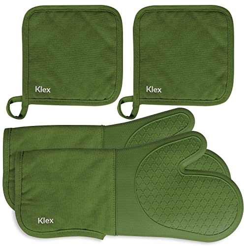 Klex Extra Long Silicone Oven Mitts and Pot Holders, 932°F Degrees Heat Resistance with Quilted Liner Oven Gloves and Hot Pads, 4 Piece Set, 15 inch, Green