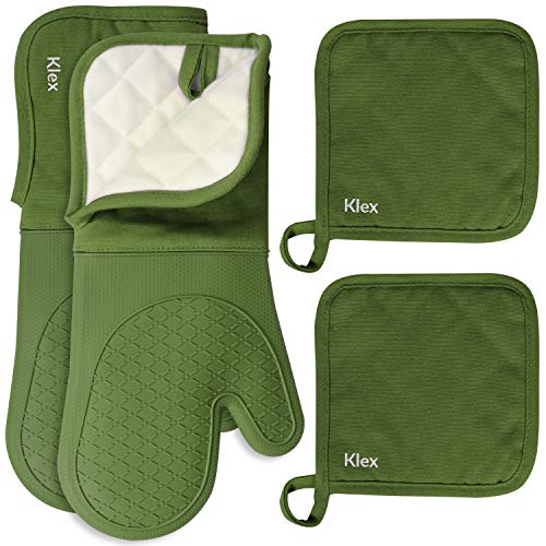 Klex Extra Long Silicone Oven Mitts and Pot Holders, 932°F Degrees Heat Resistance with Quilted Liner Oven Gloves and Hot Pads, 4 Piece Set, 15 inch, Green