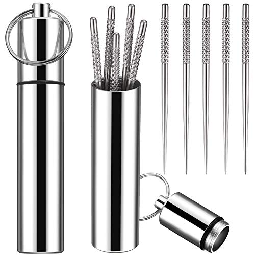 Portable Mini Pocket Titanium Toothpick Holder with 10 Pieces Reusable Titanium Toothpicks Waterproof Toothpick Case Toothpick Fruit Picks with Keyring for Outdoor Picnic Camping Traveling Supplies