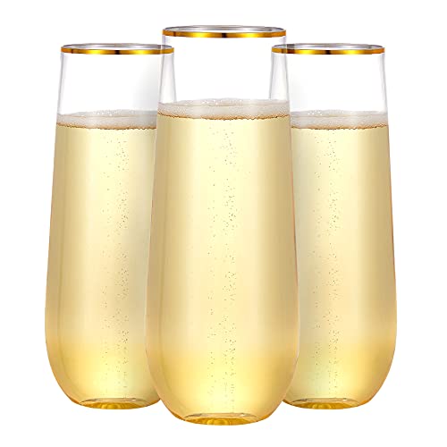 N9R 36 Pack Plastic Champagne Flutes, 9 Oz Stemless Disposable Gold Rim Toasting Glasses, Crystal Clear Cocktail Cups Drinkware Shatterproof Ideal for Party Wedding Birthday