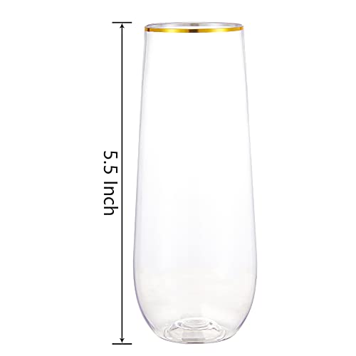 N9R 36 Pack Plastic Champagne Flutes, 9 Oz Stemless Disposable Gold Rim Toasting Glasses, Crystal Clear Cocktail Cups Drinkware Shatterproof Ideal for Party Wedding Birthday