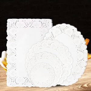 250 pcs paper doilies lace assorted size food grade modern decorative placemats bulk add elegance to crafts, coffee, cake, desert, table, wedding, tableware decoration (round rectangle oval white)