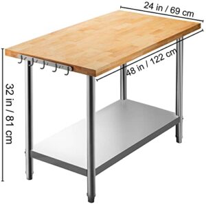 VEVOR Maple Top Work Table, 48x24 Inches, Stainless Steel Wood Kitchen Prep Table with 937 LBS Load Bearing, Kitchen Island Table with Lower Shelf and Adjustable Feet, Outdoor Prep Table for Kitchen