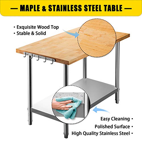 VEVOR Maple Top Work Table, 48x24 Inches, Stainless Steel Wood Kitchen Prep Table with 937 LBS Load Bearing, Kitchen Island Table with Lower Shelf and Adjustable Feet, Outdoor Prep Table for Kitchen