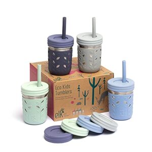 elk and friends stainless steel cups | mason jar 10oz | kids & toddler cups with silicone sleeves & silicone straws with stopper | spill proof cups for kids, smoothie cups