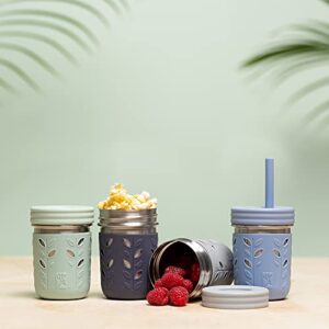 Elk and Friends Stainless Steel Cups | Mason Jar 10oz | Kids & Toddler Cups with Silicone Sleeves & Silicone Straws with Stopper | Spill proof cups for Kids, Smoothie Cups