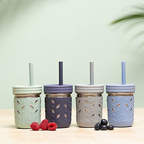 Elk and Friends Stainless Steel Cups | Mason Jar 10oz | Kids & Toddler Cups with Silicone Sleeves & Silicone Straws with Stopper | Spill proof cups for Kids, Smoothie Cups