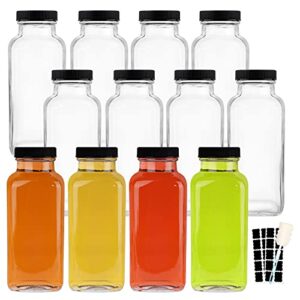 hingwah 12 oz glass drink bottles, set of 12 vintage glass water bottles with lids, great for storing juices, milk, beverages, kombucha and more (labels and sponge brush included)