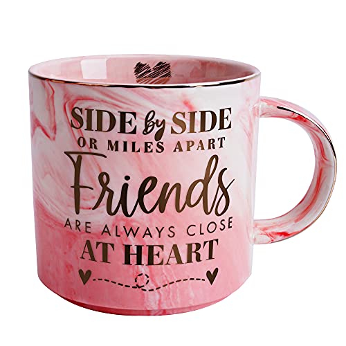 Long Distance Best Friend Birthday Gifts for Women - Funny Friendship Gift - Gifts for BFF, Bestfriend, Besties, Sister, Her - Side By Side Or Miles Apart - Cute Pink Marble Mug, 11.5oz Coffee Cup