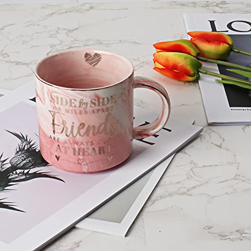 Long Distance Best Friend Birthday Gifts for Women - Funny Friendship Gift - Gifts for BFF, Bestfriend, Besties, Sister, Her - Side By Side Or Miles Apart - Cute Pink Marble Mug, 11.5oz Coffee Cup