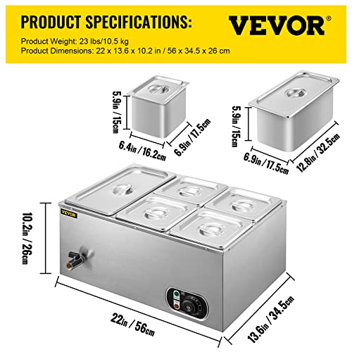 VEVOR Commercial Food Warmer, 1x1/3GN and 4x1/6GN, 5-Pan, 13.7 Qt, Silver