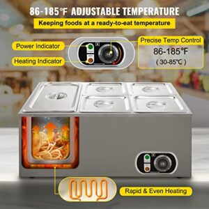 VEVOR Commercial Food Warmer, 1x1/3GN and 4x1/6GN, 5-Pan, 13.7 Qt, Silver