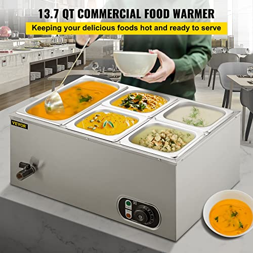 VEVOR Commercial Food Warmer, 1x1/3GN and 4x1/6GN, 5-Pan, 13.7 Qt, Silver