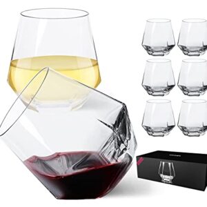 JBHO Stemless Wine Glasses Set of 6, Red or White Small Wine Glass set, 10oz Diamond Shaped, Unique Short Tumblers, Cocktail Glass, Nice Gift-Packaging for Housewarming, Birthday,Valentine,NewYear