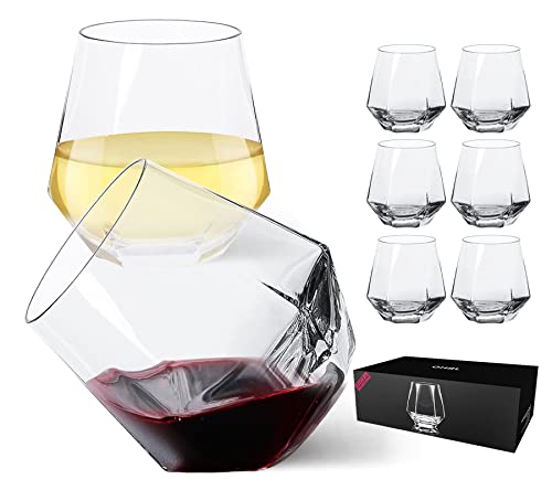 JBHO Stemless Wine Glasses Set of 6, Red or White Small Wine Glass set, 10oz Diamond Shaped, Unique Short Tumblers, Cocktail Glass, Nice Gift-Packaging for Housewarming, Birthday,Valentine,NewYear