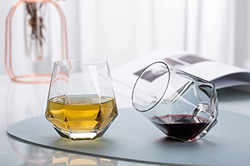 JBHO Stemless Wine Glasses Set of 6, Red or White Small Wine Glass set, 10oz Diamond Shaped, Unique Short Tumblers, Cocktail Glass, Nice Gift-Packaging for Housewarming, Birthday,Valentine,NewYear