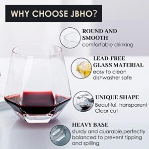 JBHO Stemless Wine Glasses Set of 6, Red or White Small Wine Glass set, 10oz Diamond Shaped, Unique Short Tumblers, Cocktail Glass, Nice Gift-Packaging for Housewarming, Birthday,Valentine,NewYear