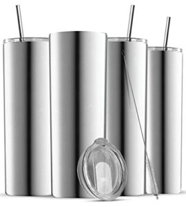 insulated skinny stainless steel tumbler set - 4-pack 20oz coffee tumbler with straw - travel coffee mug with pba free lids - slim vacuum insulated tumblers keep hot and cold - great for home, office.