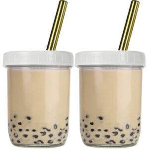 pckydo bubble tea cups 2 pack, reusable wide mouth smoothie cups, iced coffee cups with white lids and gold straws mason jars glass cups, travel glass drinking bottle (16oz, gold straws)