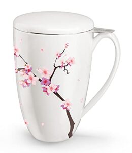 immaculife tea cup with infuser and lid for steeping loose leaf tea bag coffee milk women office home gift 16oz peach blossoms