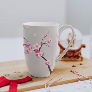 immaculife Tea Cup with Infuser and Lid for Steeping Loose Leaf Tea Bag Coffee Milk Women Office Home Gift 16oz Peach Blossoms