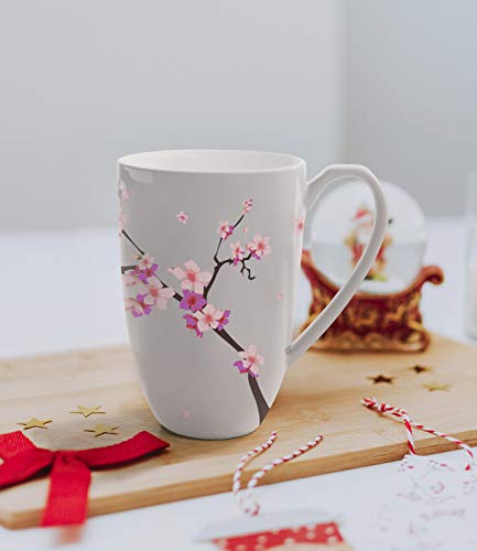 immaculife Tea Cup with Infuser and Lid for Steeping Loose Leaf Tea Bag Coffee Milk Women Office Home Gift 16oz Peach Blossoms