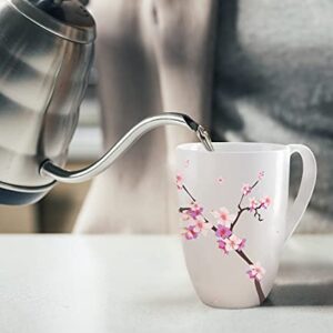 immaculife Tea Cup with Infuser and Lid for Steeping Loose Leaf Tea Bag Coffee Milk Women Office Home Gift 16oz Peach Blossoms