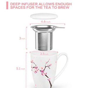 immaculife Tea Cup with Infuser and Lid for Steeping Loose Leaf Tea Bag Coffee Milk Women Office Home Gift 16oz Peach Blossoms