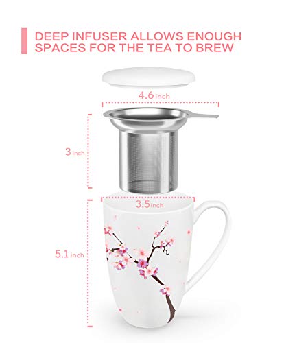 immaculife Tea Cup with Infuser and Lid for Steeping Loose Leaf Tea Bag Coffee Milk Women Office Home Gift 16oz Peach Blossoms