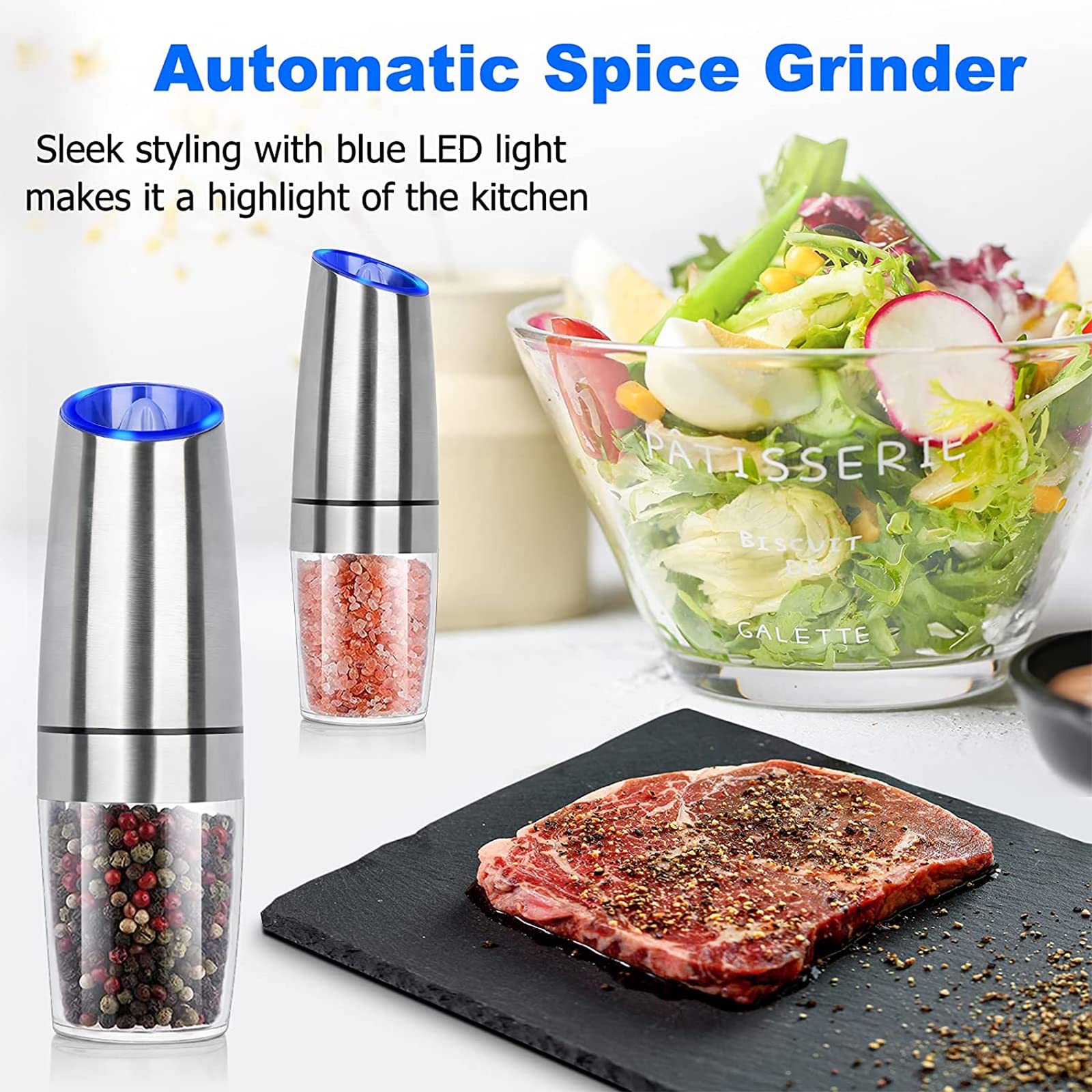 Salt and Pepper Grinder Electric Gravity Grinder, Refillable Automatic One-Hand Operated Pepper and Salt Mill Set with Adjustable Coarseness and LED light, Battery-Operated 2 Pack