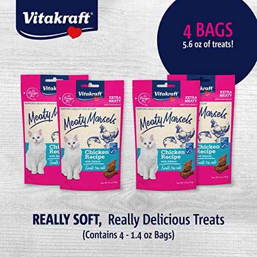 Vitakraft Meaty Morsels Soft Indulgent Cat Treats - Double Layer Extra Meaty - Can Use as Cat Pill Pocket (Chicken with Salmon, 4-Pack)