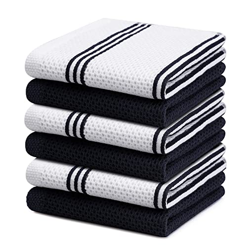 Homaxy 100% Cotton Waffle Weave Stripe Dish Cloths, 12 x 12 Inches, Super Soft and Absorbent Dish Towels Quick Drying Dish Rags, 6-Pack, White & Black