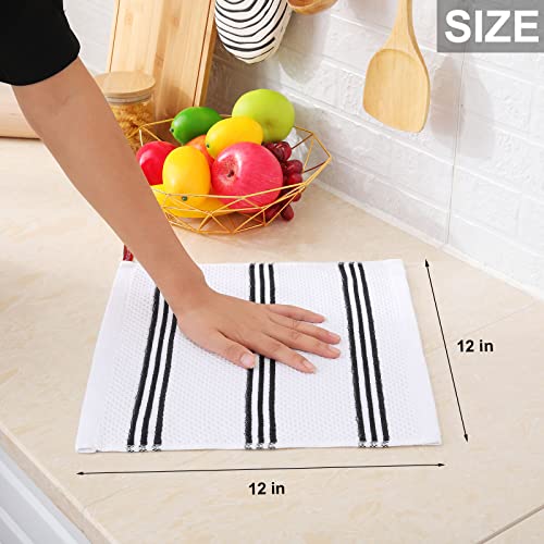 Homaxy 100% Cotton Waffle Weave Stripe Dish Cloths, 12 x 12 Inches, Super Soft and Absorbent Dish Towels Quick Drying Dish Rags, 6-Pack, White & Black