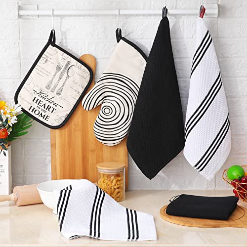 Homaxy 100% Cotton Waffle Weave Stripe Dish Cloths, 12 x 12 Inches, Super Soft and Absorbent Dish Towels Quick Drying Dish Rags, 6-Pack, White & Black