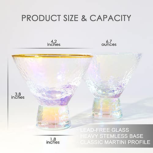 Lysenn Iridescent Stemless Martini Glasses Set of 2 - Premium Hammered Cocktail Glasses for Weddings, Anniversary, Christmas, Party - 7.7oz Gold Rim