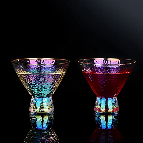 Lysenn Iridescent Stemless Martini Glasses Set of 2 - Premium Hammered Cocktail Glasses for Weddings, Anniversary, Christmas, Party - 7.7oz Gold Rim