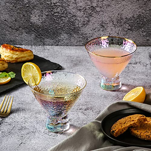 Lysenn Iridescent Stemless Martini Glasses Set of 2 - Premium Hammered Cocktail Glasses for Weddings, Anniversary, Christmas, Party - 7.7oz Gold Rim