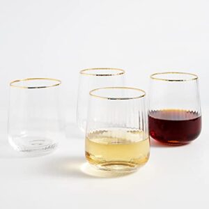 lysenn stemless wine glasses set of 4 - premium hand blown drinking glasses for white and red wine - elegant vertical stripe and gold rim design - clear 15oz