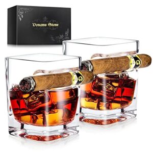 vonams stone cigar whiskey glasses set of 2-12oz old fashioned glass with side mounted holder rest - crystal wine cup for cocktails, scotch, bourbon, gifts for men