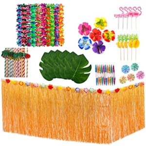 hawaiian luau party decorations, tropical party decoration set, hawaiian luau grass table skirt with palm leaves luau flowers for beach summer bbq tikki bar hawaiian theme party