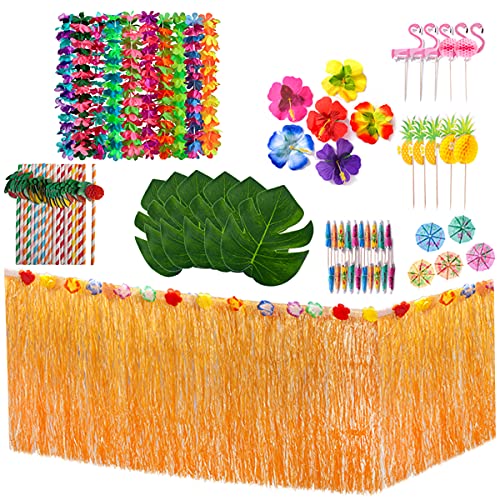 Hawaiian Luau Party Decorations, Tropical Party Decoration Set, Hawaiian Luau Grass Table Skirt with Palm Leaves Luau Flowers for Beach Summer BBQ Tikki Bar Hawaiian Theme Party