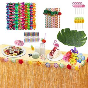 Hawaiian Luau Party Decorations, Tropical Party Decoration Set, Hawaiian Luau Grass Table Skirt with Palm Leaves Luau Flowers for Beach Summer BBQ Tikki Bar Hawaiian Theme Party