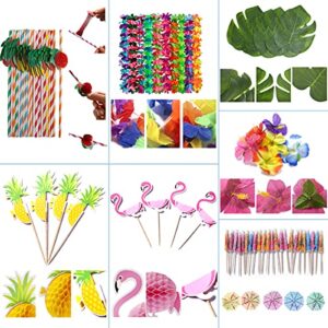 Hawaiian Luau Party Decorations, Tropical Party Decoration Set, Hawaiian Luau Grass Table Skirt with Palm Leaves Luau Flowers for Beach Summer BBQ Tikki Bar Hawaiian Theme Party