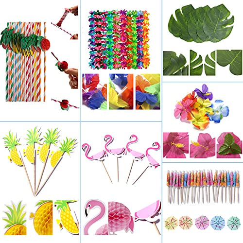 Hawaiian Luau Party Decorations, Tropical Party Decoration Set, Hawaiian Luau Grass Table Skirt with Palm Leaves Luau Flowers for Beach Summer BBQ Tikki Bar Hawaiian Theme Party