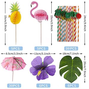 Hawaiian Luau Party Decorations, Tropical Party Decoration Set, Hawaiian Luau Grass Table Skirt with Palm Leaves Luau Flowers for Beach Summer BBQ Tikki Bar Hawaiian Theme Party