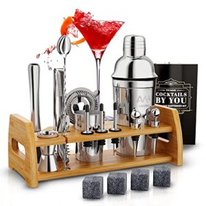 20-piece cocktail mixology shaker set - bartender kit with bamboo stand - bar accessories kit including a martini shaker, bar jigger, syrup dispenser & mixer recipe book