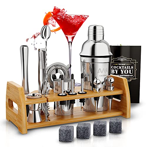 20-Piece Cocktail Mixology Shaker Set - Bartender Kit with Bamboo Stand - Bar Accessories Kit Including a Martini Shaker, Bar Jigger, Syrup Dispenser & Mixer Recipe Book