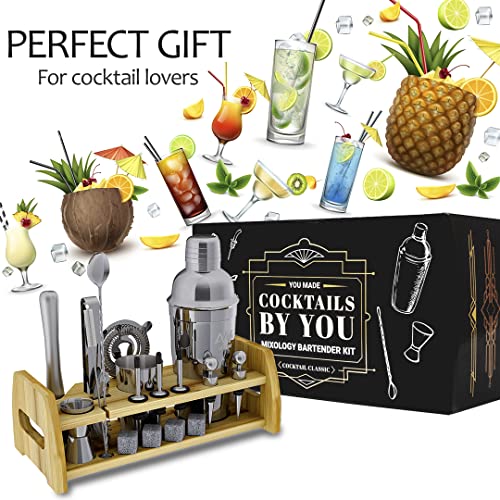 20-Piece Cocktail Mixology Shaker Set - Bartender Kit with Bamboo Stand - Bar Accessories Kit Including a Martini Shaker, Bar Jigger, Syrup Dispenser & Mixer Recipe Book