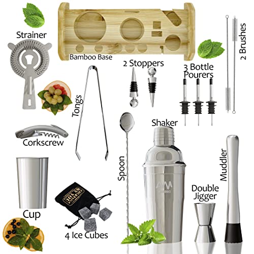 20-Piece Cocktail Mixology Shaker Set - Bartender Kit with Bamboo Stand - Bar Accessories Kit Including a Martini Shaker, Bar Jigger, Syrup Dispenser & Mixer Recipe Book